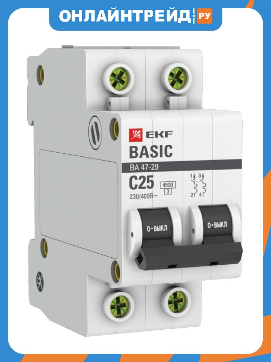 Автоматический выключатель Ekf Basic 2P 25А (C) 4,5кА ВА 47-29 (mcb4729-2-25C)