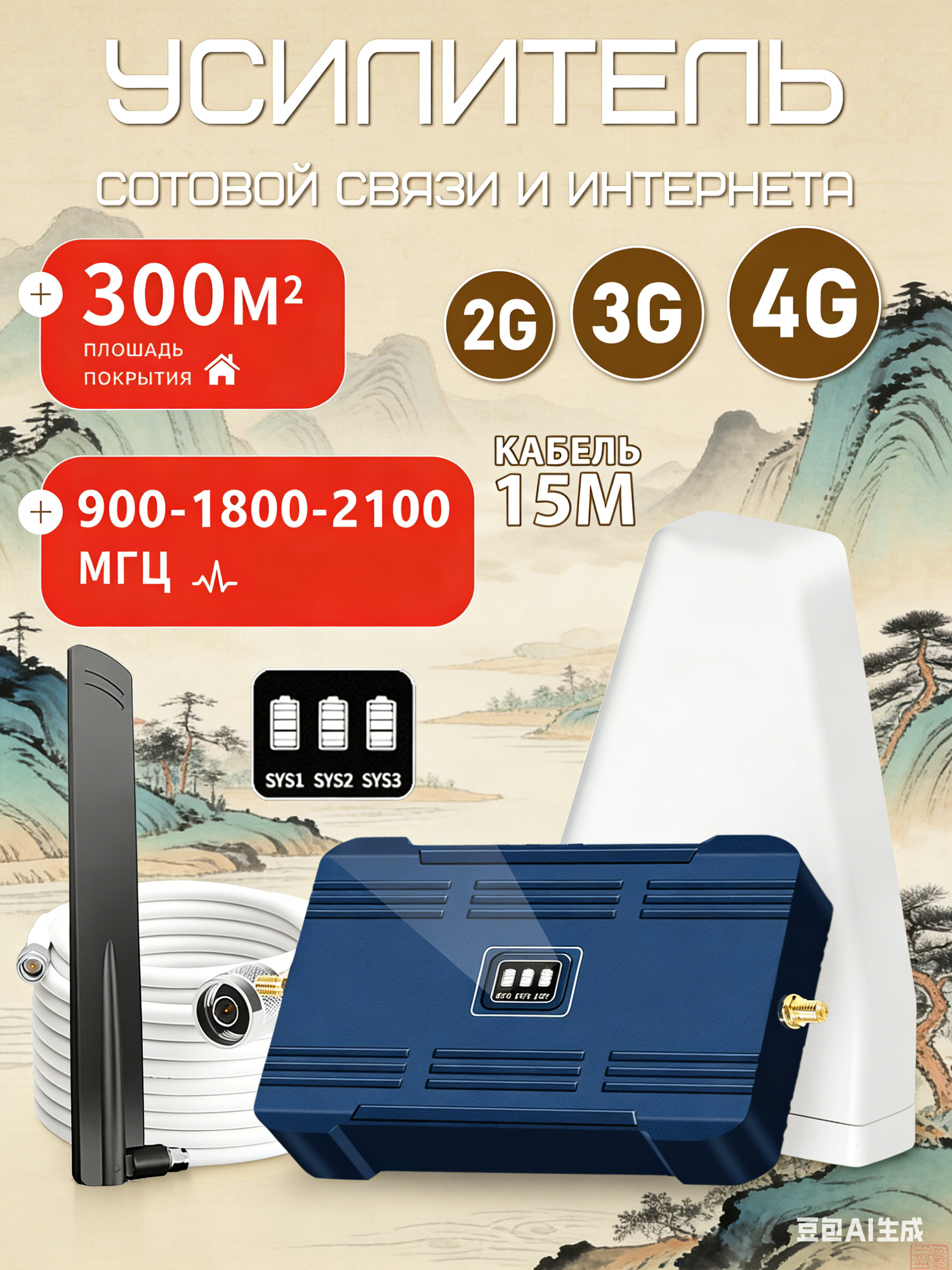 Усилитель сотовой связи 900/1800/2100 МГц (2G/3G/4G): до 70 км, направленный, синий, 1.3 кг