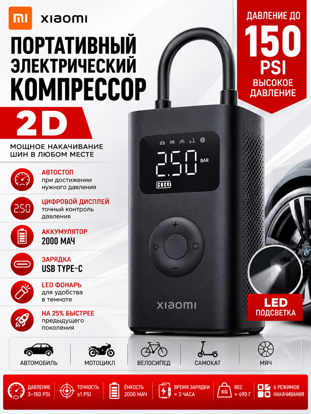 Насос Xiaomi Mijia Electric Pump 2D, 10 предустановленных режимов, 6 предустановок