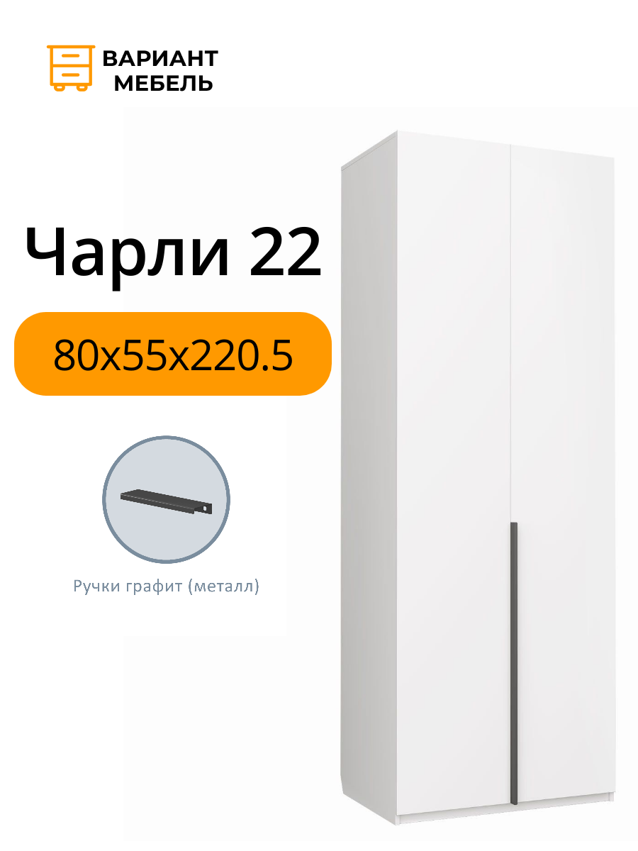 Шкаф для одежды Чарли 22, 2 двери, белый, шкаф распашной, шкаф пенал, шкаф в спальню