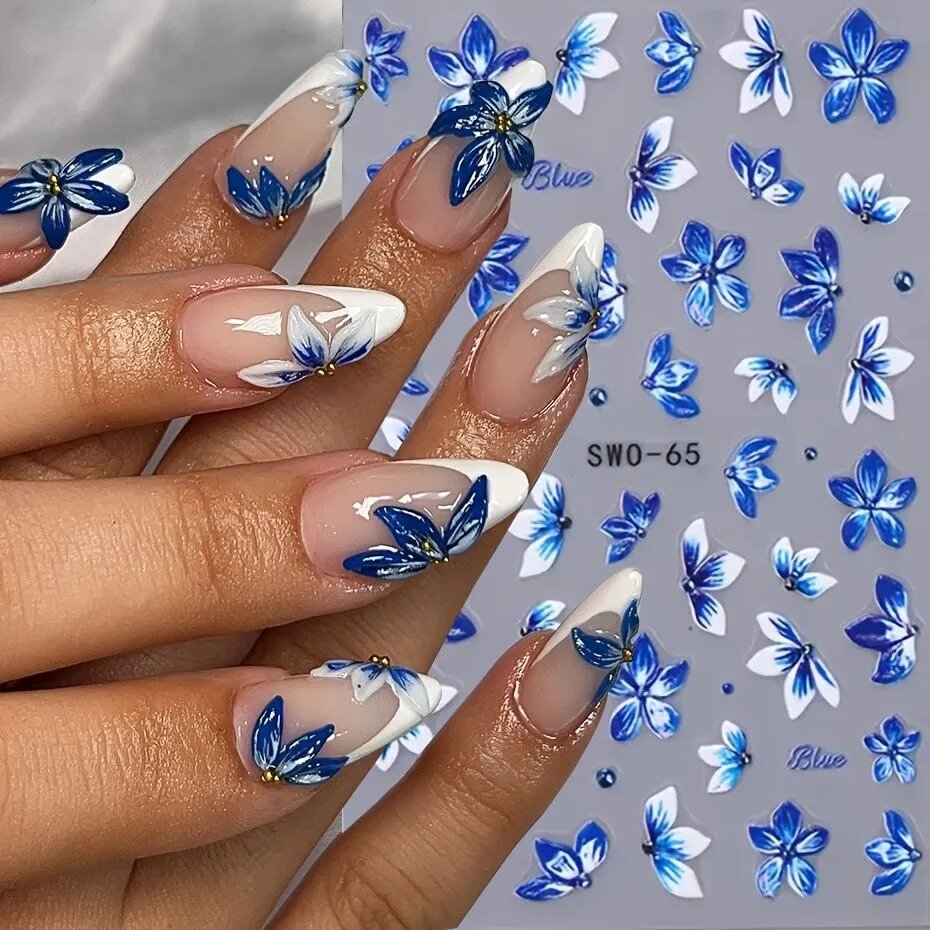 Sweet Style 3D Blue Floral Nail Sticker - самоклеющиеся лепестки лилии, глянцевое украшение для ногтей своими руками, элегантные аксессуары для ногтей