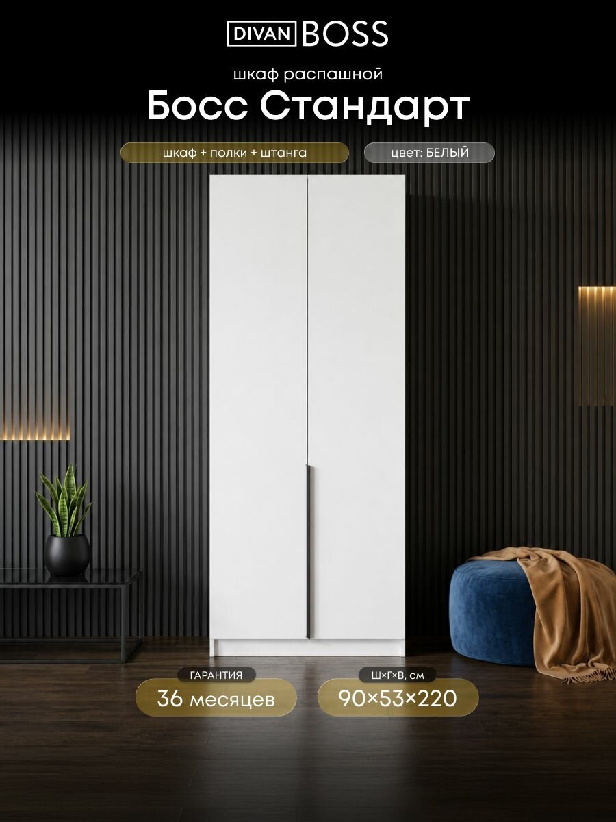 Шкаф распашной, Босс Стандарт, 90х53х220 см, 2х дверный, белый