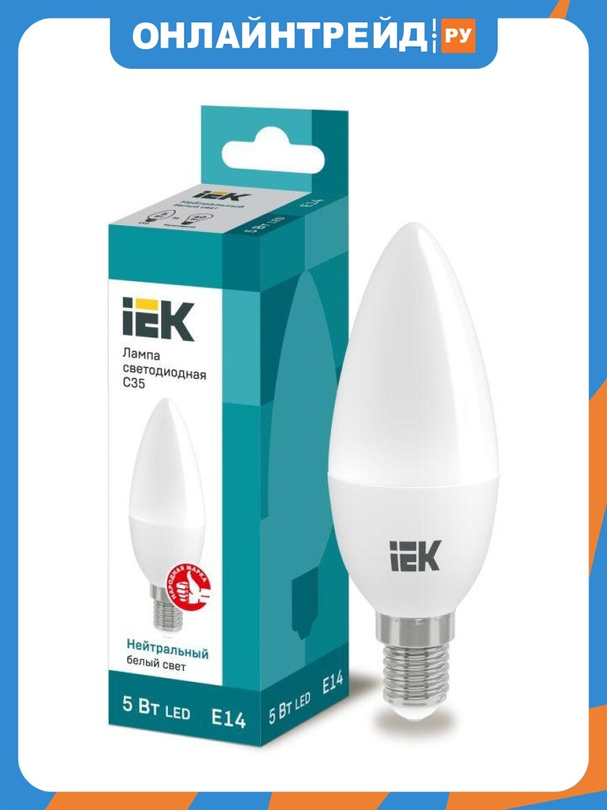 Светодиодная лампа Iek ECO C35 5Вт свеча 4000К бел. E14 450лм 230-240В, LLE-C35-5-230-40-E14