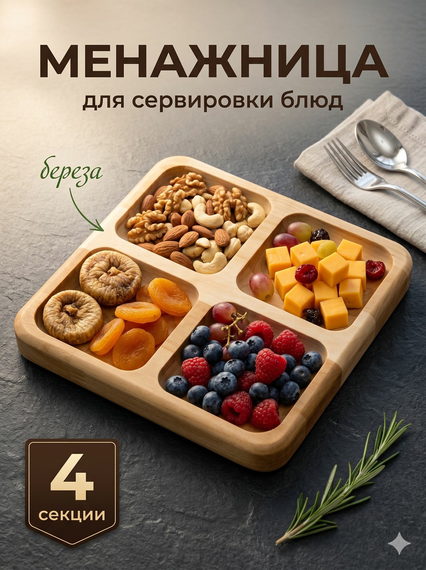 Менажница деревянная, 4 секции, 18 см, береза, "Комо деревянная менажница поднос для закусок разделочная доска