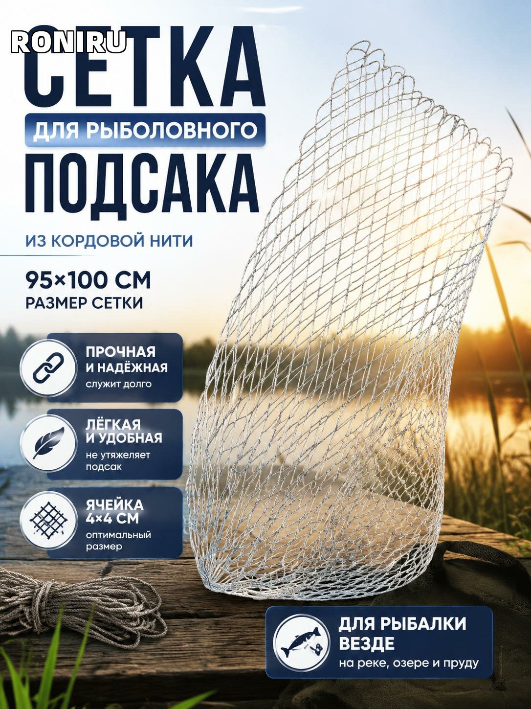 Сетка для рыболовного подсака из кордовой нити 95х100 см с ячейкой 4х4 см — лёгкая прочная сетка для рыбалки везде