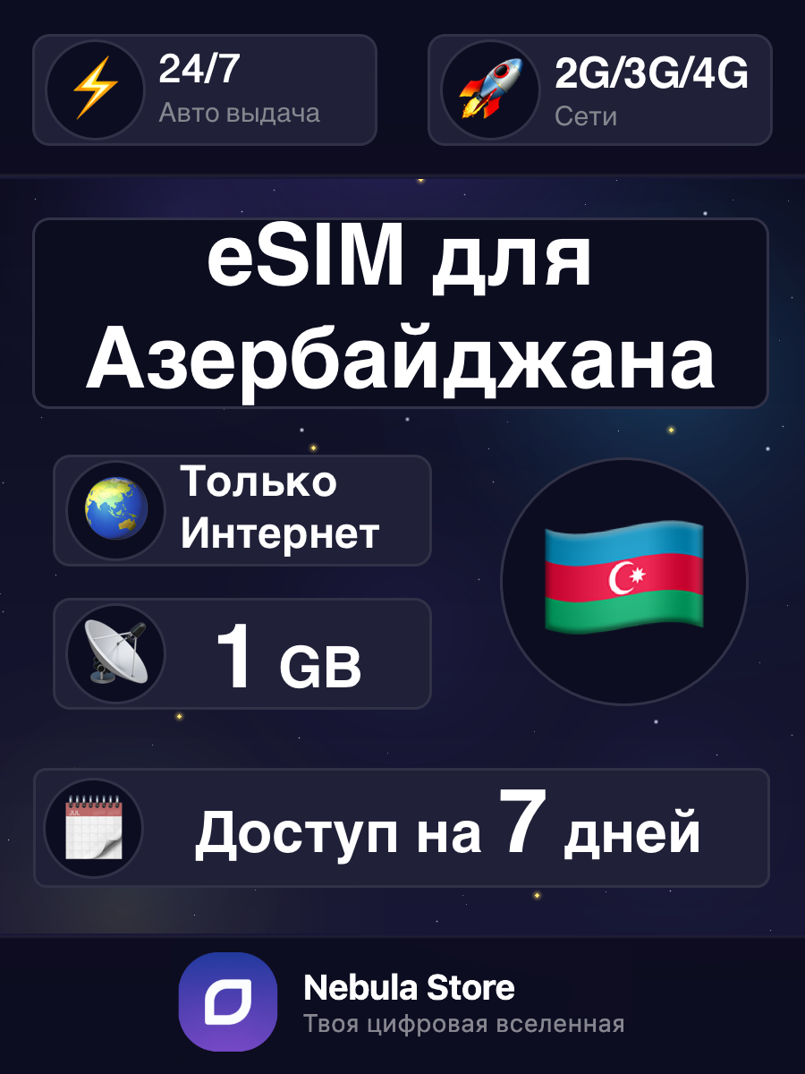ESIM Азербайджан | Интернет | 1 ГБ на 7 дней | 4G | Для телефона и планшета - автовыдача 24/7