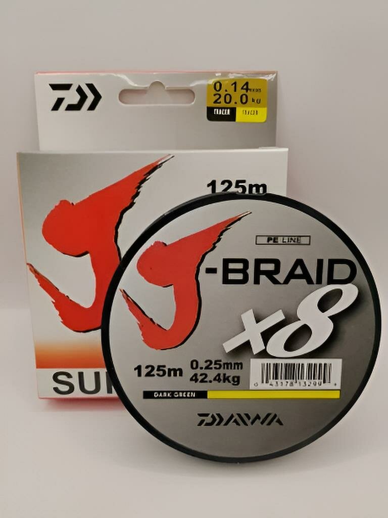 Шнур Daiwa J-Braid X8, 42,4 кг, разрывная нагрузка, диаметр 0,25 мм, длина 125 метров