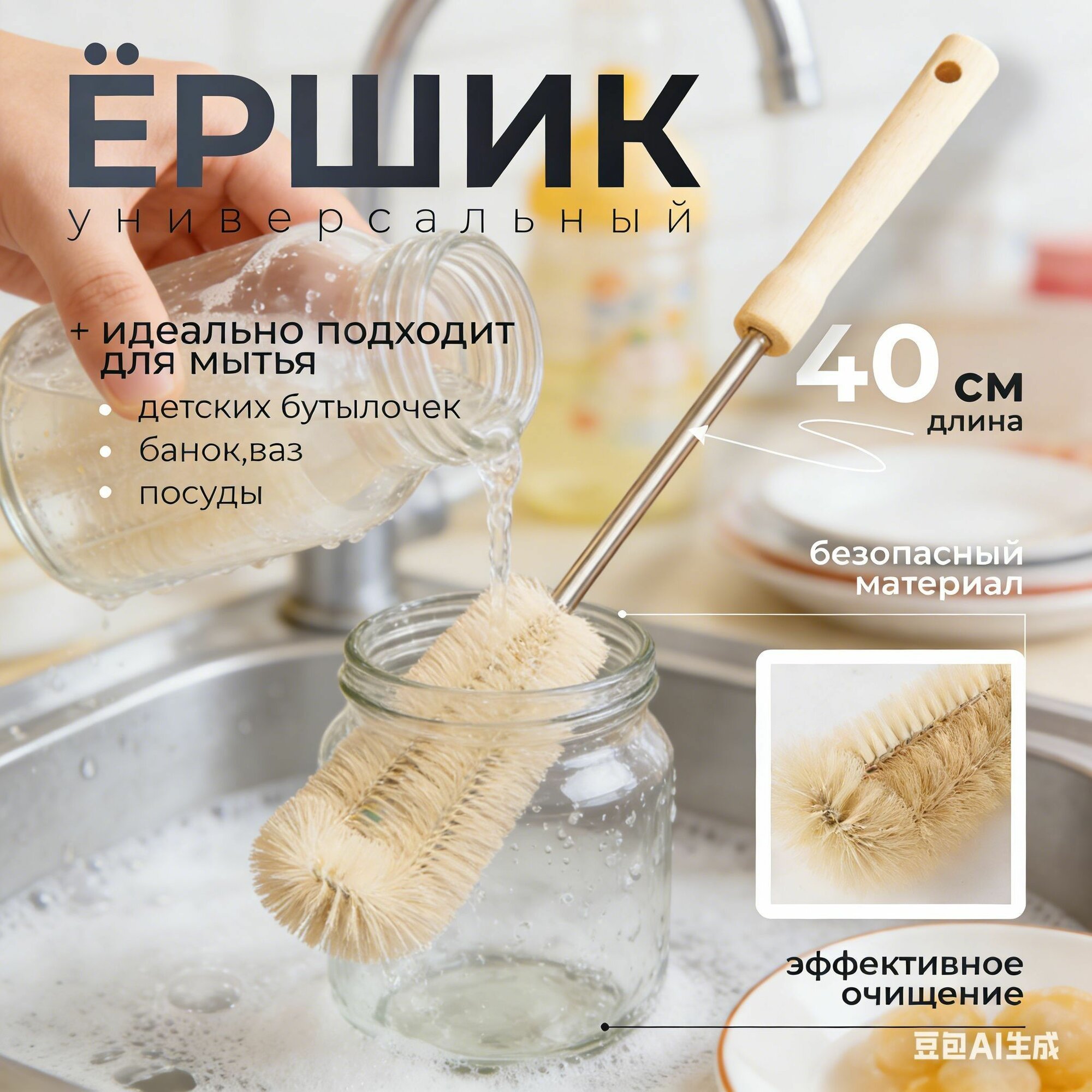Ёршик для посуды универсальный 40 см, щетка для мытья посуды, банок, термосов, стаканов