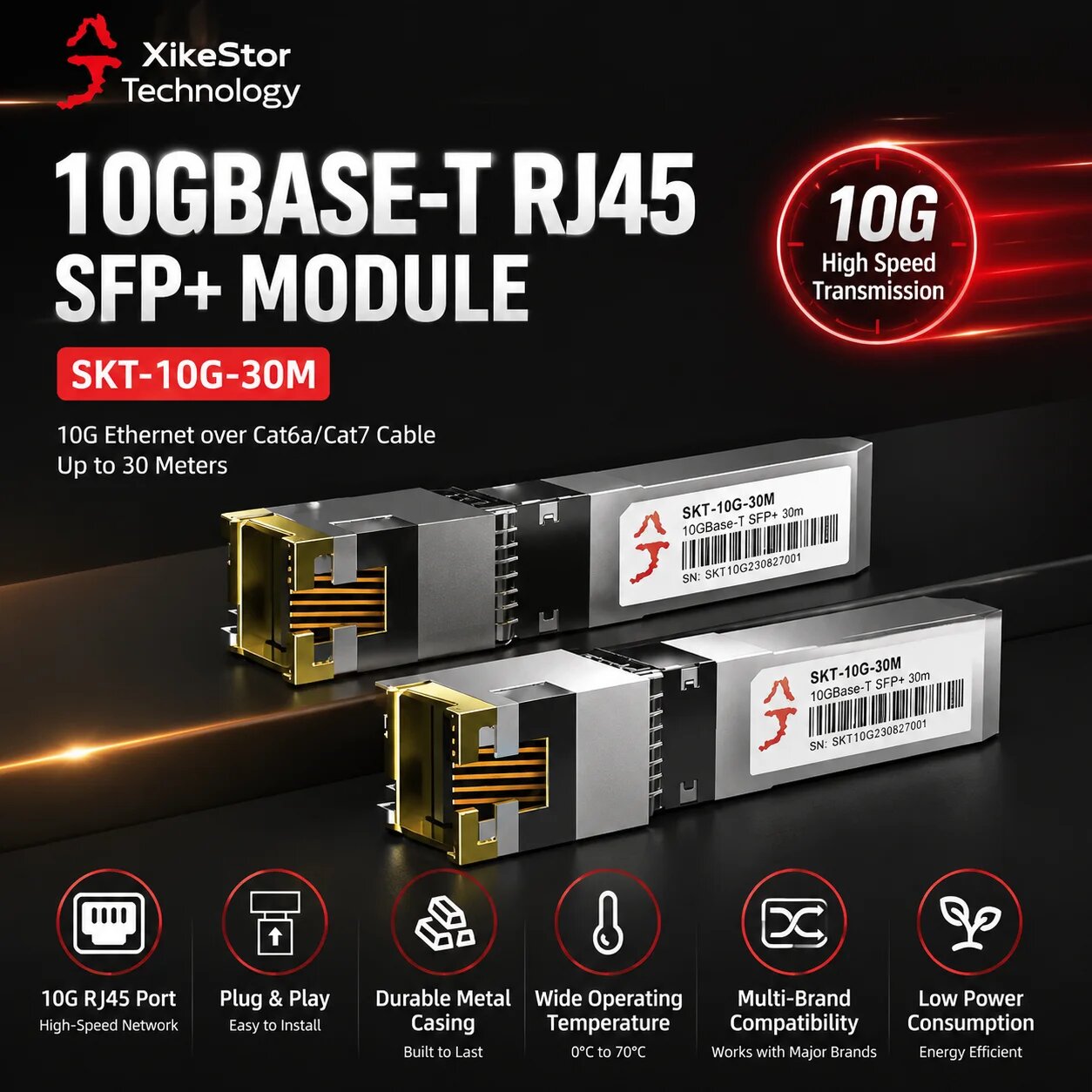 XikeStor SKT-10G-30M Оптический и электрический модуль для коммутатора/сервера/маршрутизатора/волоконно-оптического приемопередатчика Plug and Play