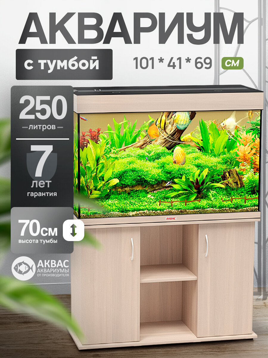 Аквариум 250 литров с тумбой крышкой и освещением (101х41х69 см) Аквас