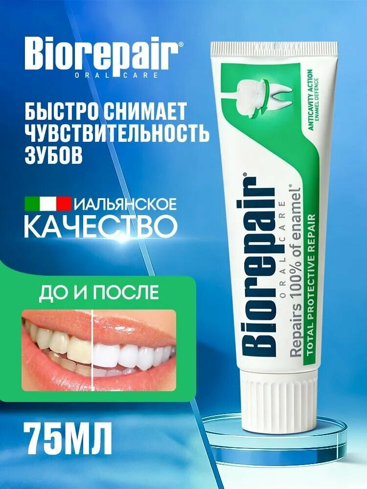 Зубная паста Biorepair Total Protective Repair без фтора для комплексной защиты эмали и десен, 75 мл