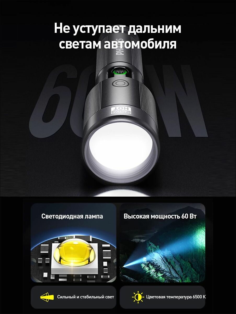Фонарь Philips SFL5101 зум 60Вт перезаряжаемый яркий для походов дома аварий долгая работа дисплей заряда металл — фото 1