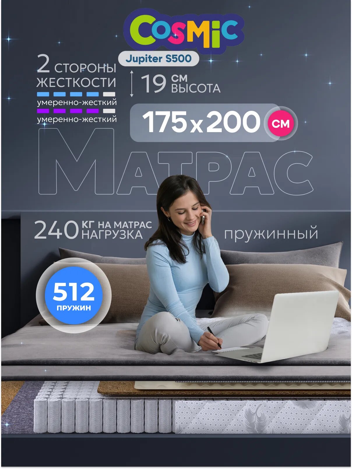 Матрас Cosmic Jupiter 175x200 см, пружинный, 2 степени жёсткости, высота 20 см, анатомическая поддержка