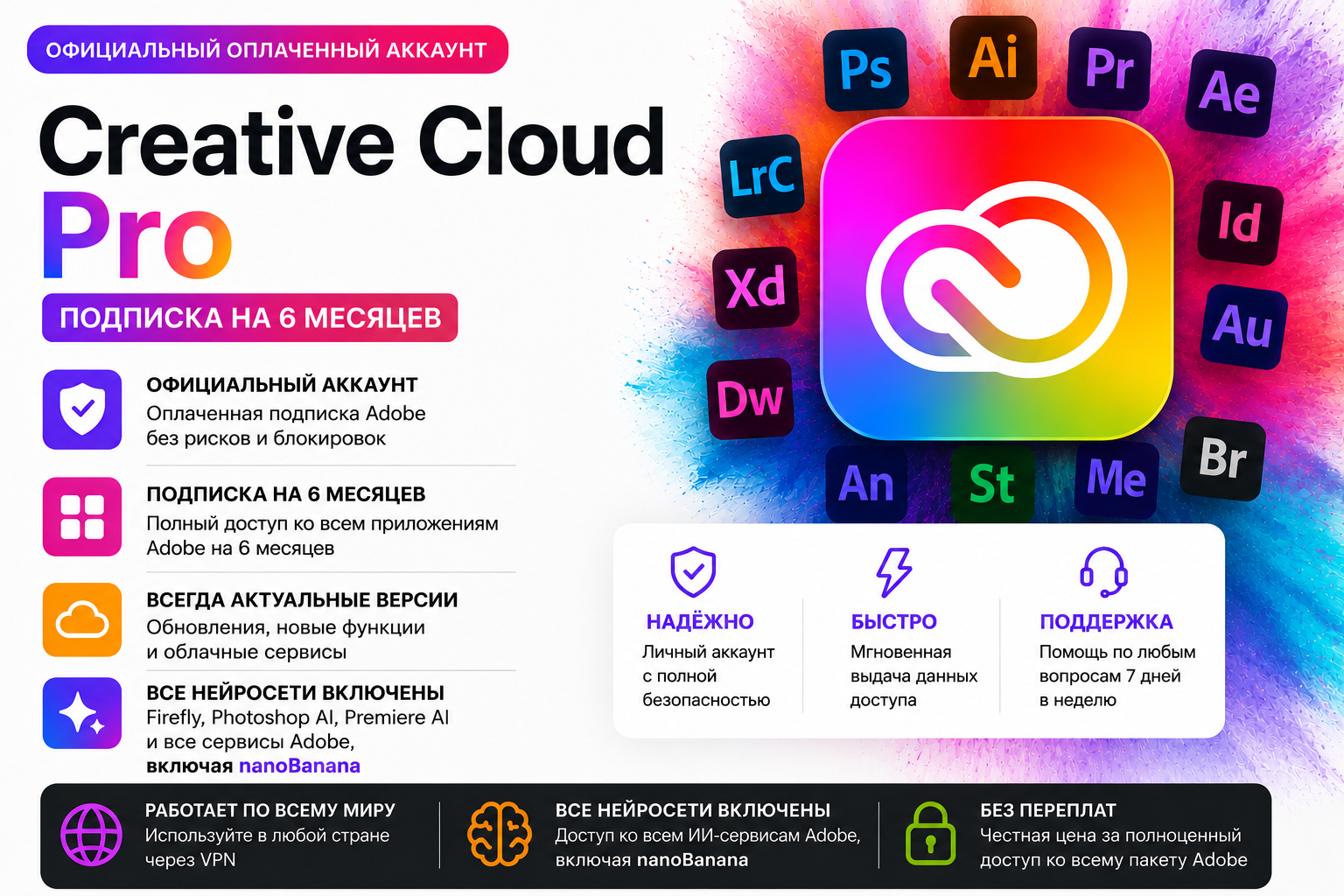 Adobe Creative Cloud Pro готовый оплаченный аккаунт с подпиской на 6 месяцев, нейросети Nano Banana и др, 4к кредитов