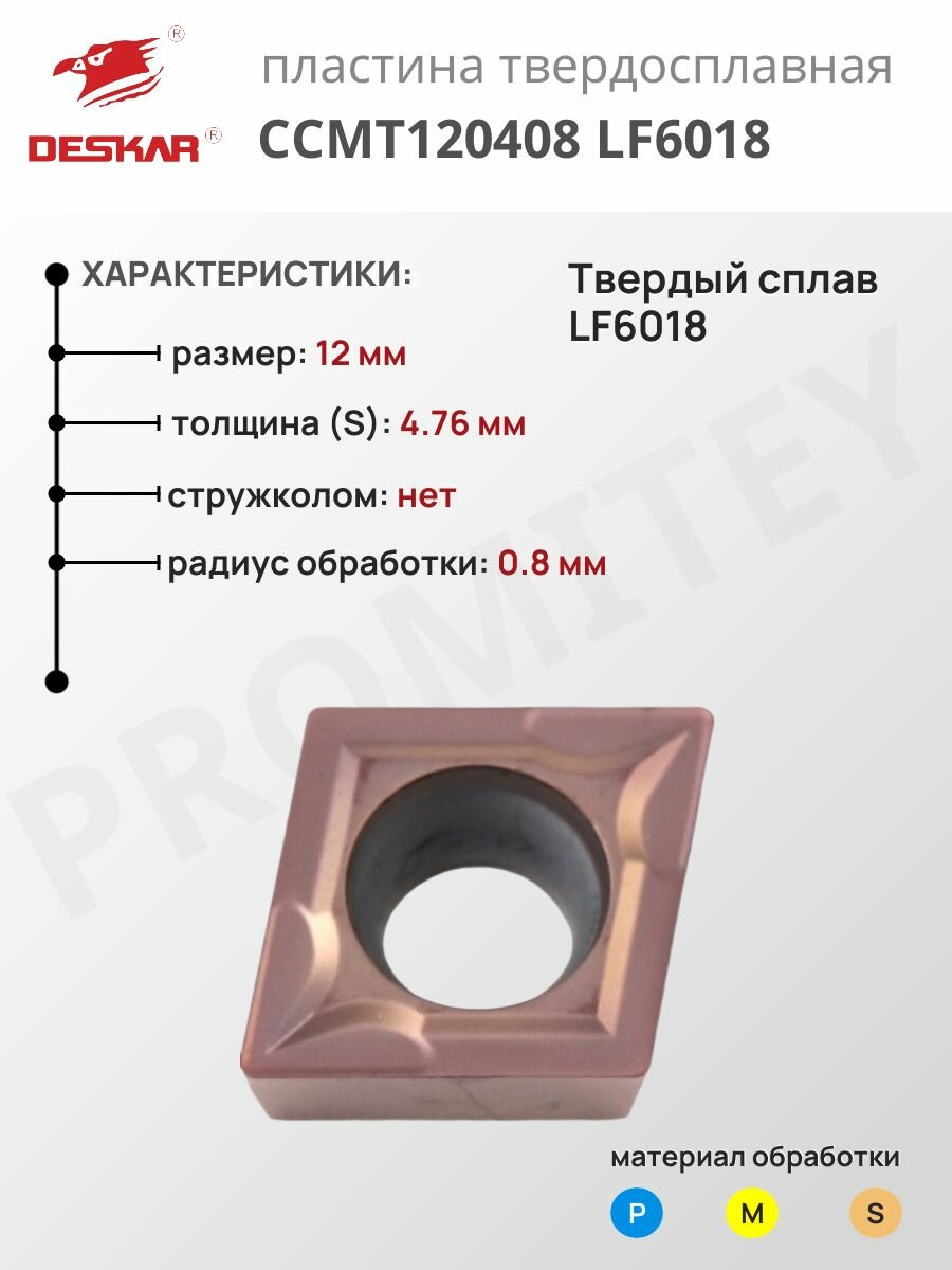 Пластина CCMT 120408 LF6018 для токарных инструментов по металлу, от бренда DESKAR, сплав LF6018, сделано по стандартам ISO