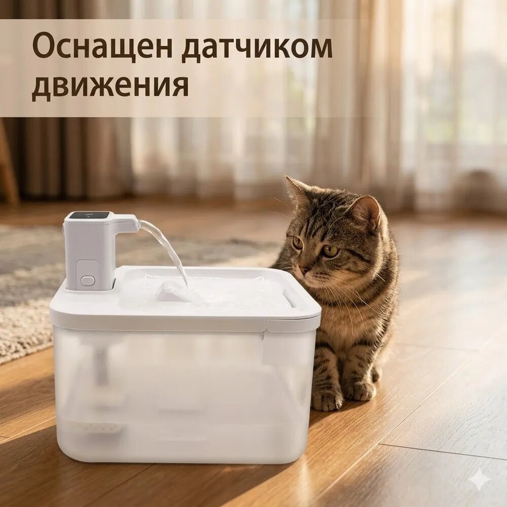 Беспроводная автоматическая поилка-фонтан для кошек и собак 2.5 л, умный фонтанчик с датчиком движения и фильтром, автопоилка на аккумуляторе