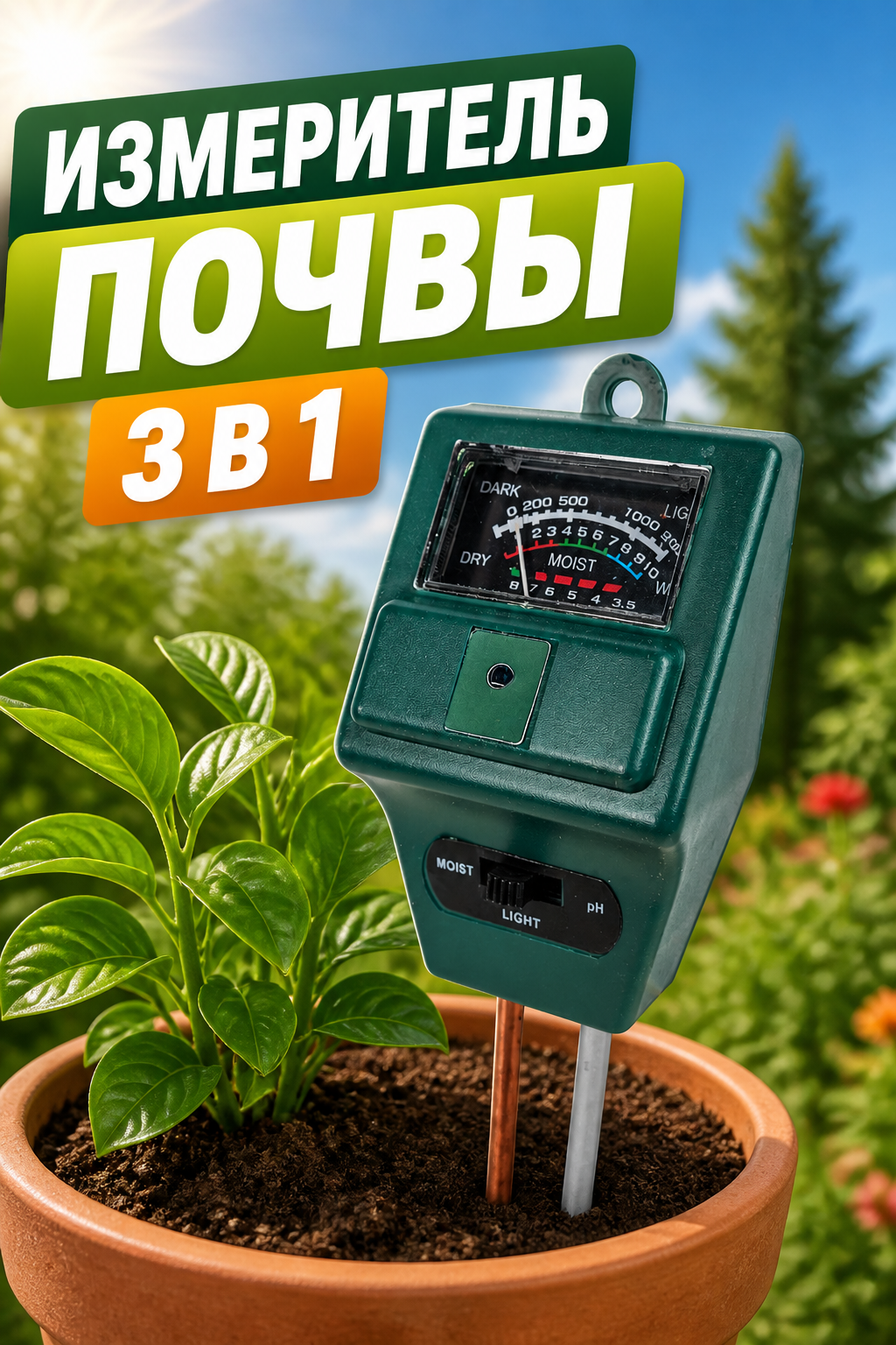 Измеритель кислотности почвы pH метр 3 в 1 Урожайная сотка | Гигрометр и люксометр для огорода