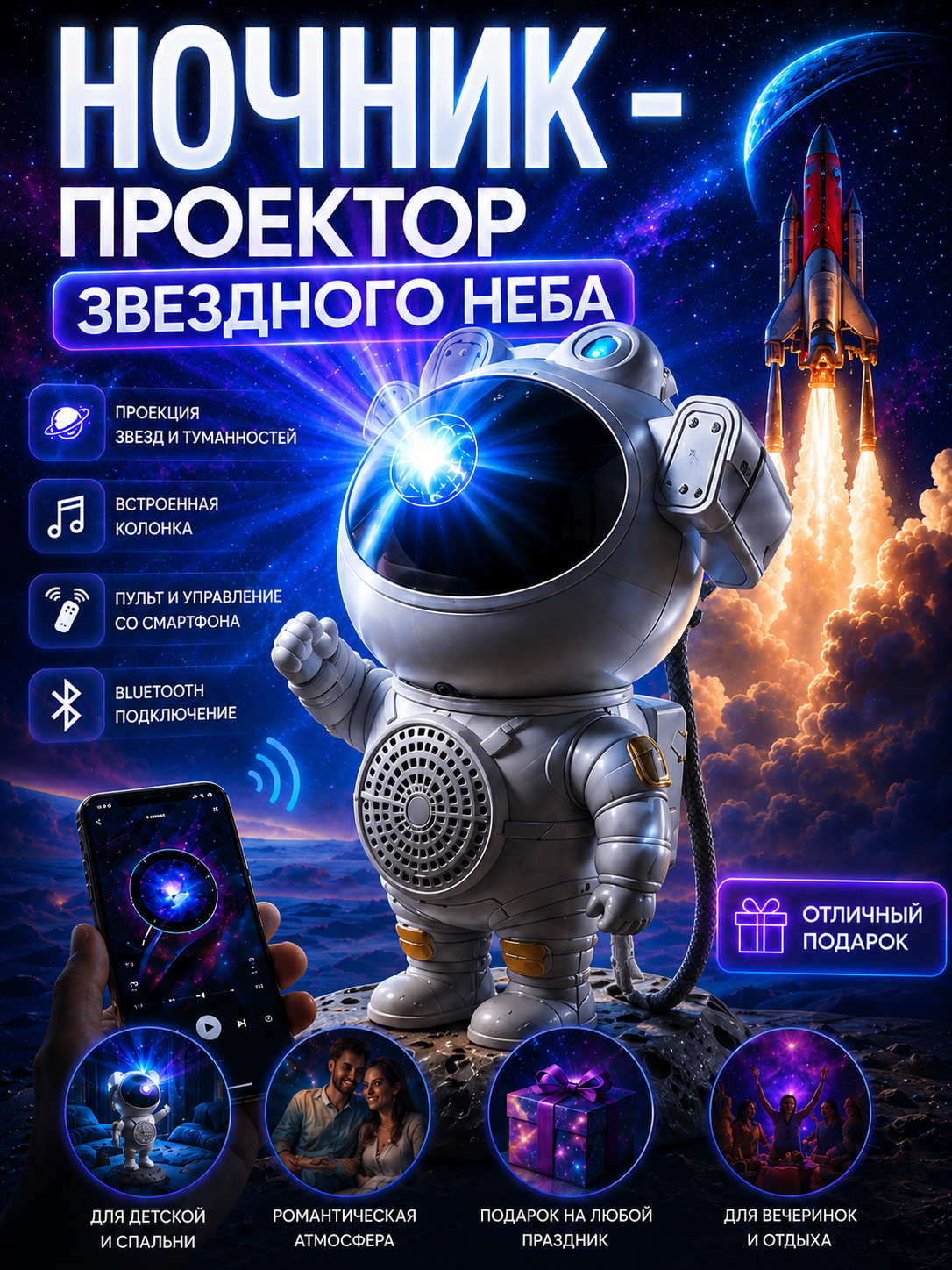 Ночник Космонавт игрушка, ночник звездное небо, ночник проектор, ночник детский, проектор звездного неба, USB + пульт