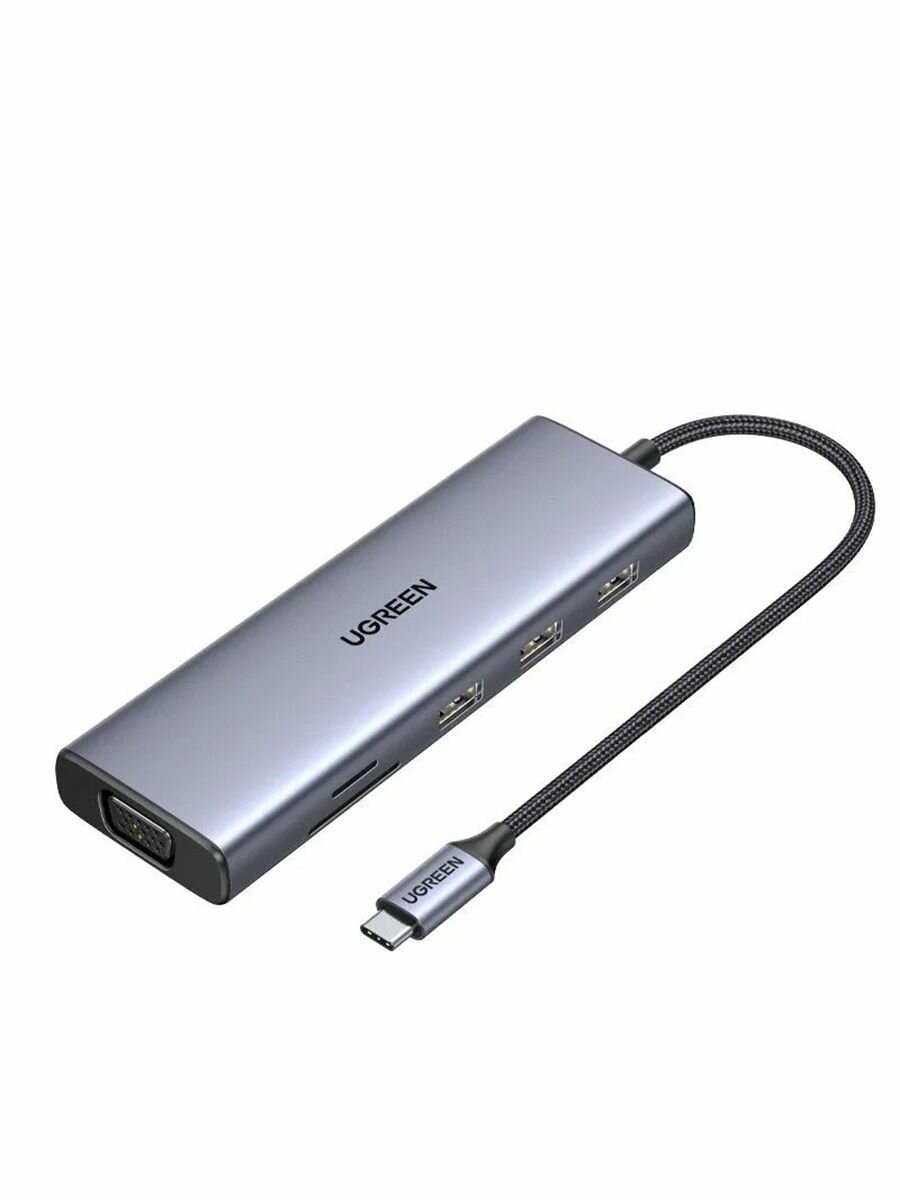 Адаптер многофункциональный UGREEN CM498 (15600) USB-C to 3*USB-A TF SD VGA RJ45 HDMI PD100W USB-Type Multifunction Adapter, серый космос