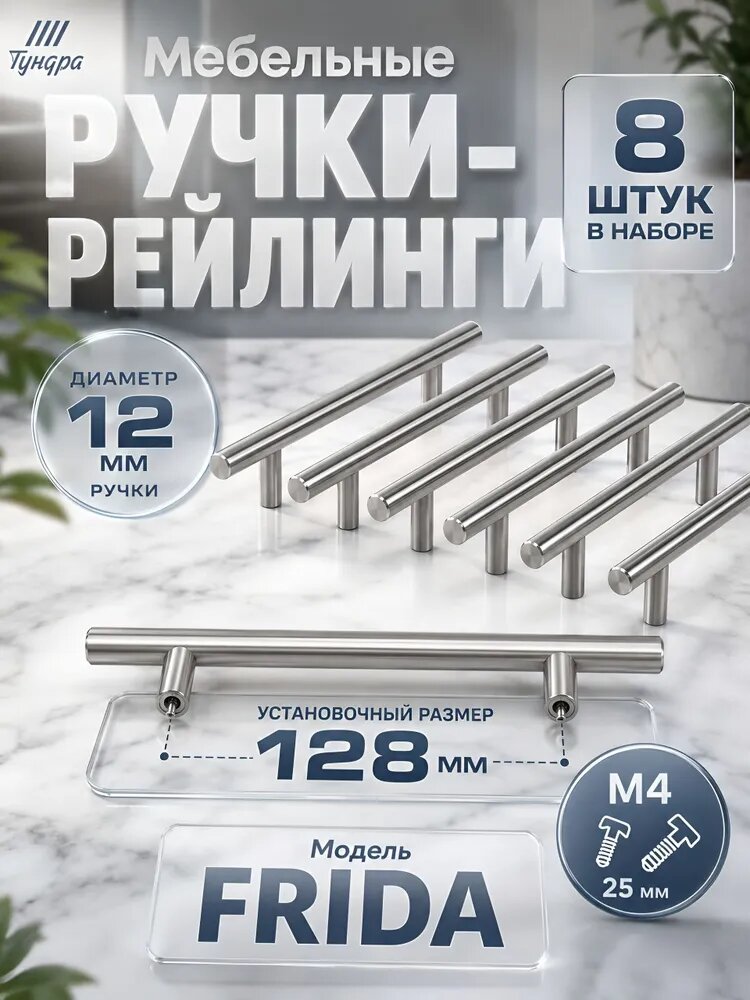 Ручки мебельные 128 мм CAPPIO, набор 8 штук, мебельная фурнитура