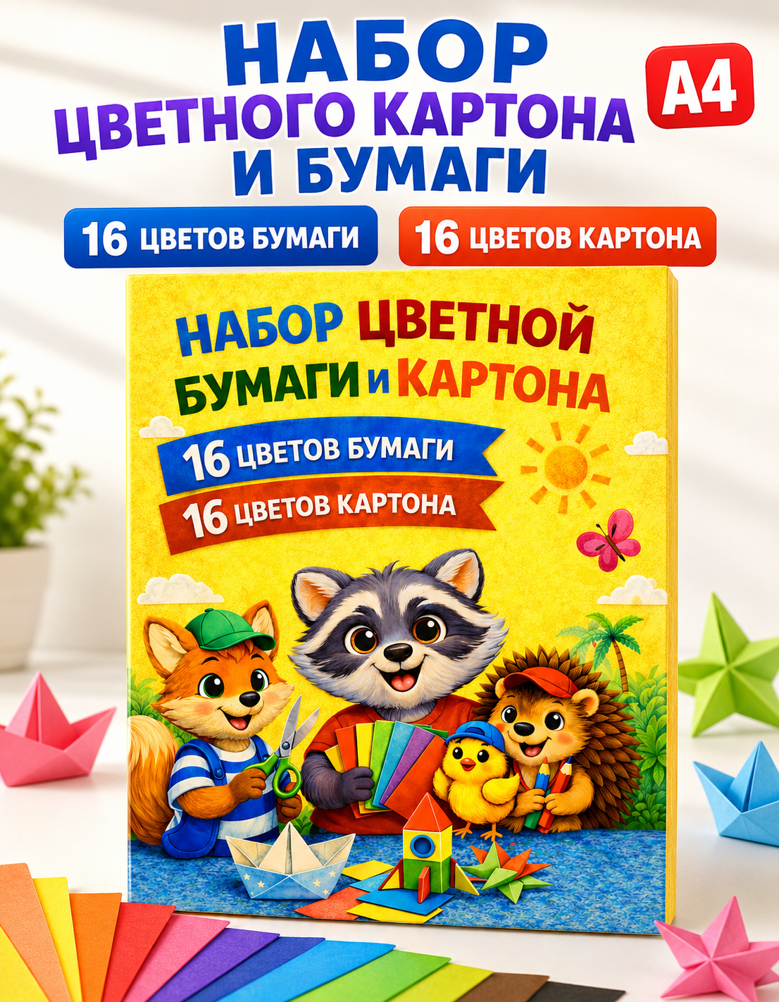 Набор цветной бумаги и картон 16 цветов 16 листов, для школы