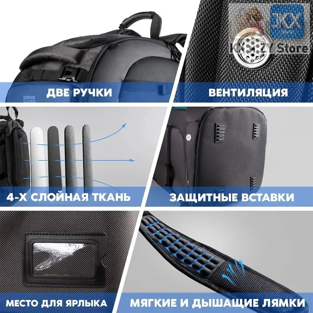 Рюкзак горнолыжный, 50 литров, для ботинок и шлема, черный/синий, ABS пластик, EVA, Синтетика — фото 1