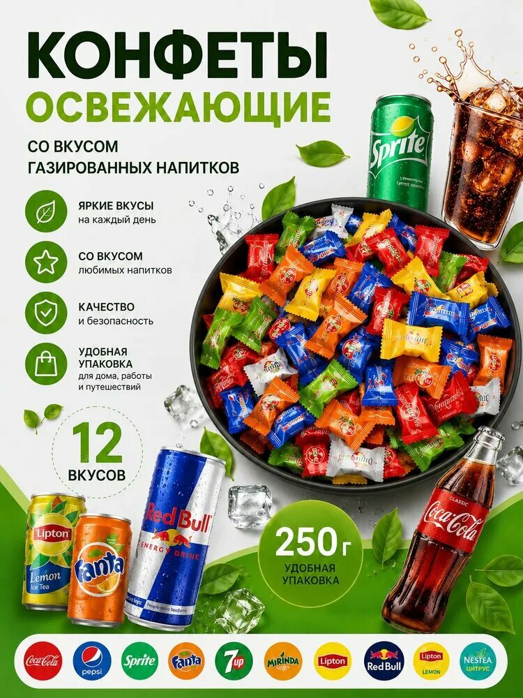 Леденцы со вкусом газированных напитков 250 г ассорти 12 вкусов, китайские конфеты карамель микс