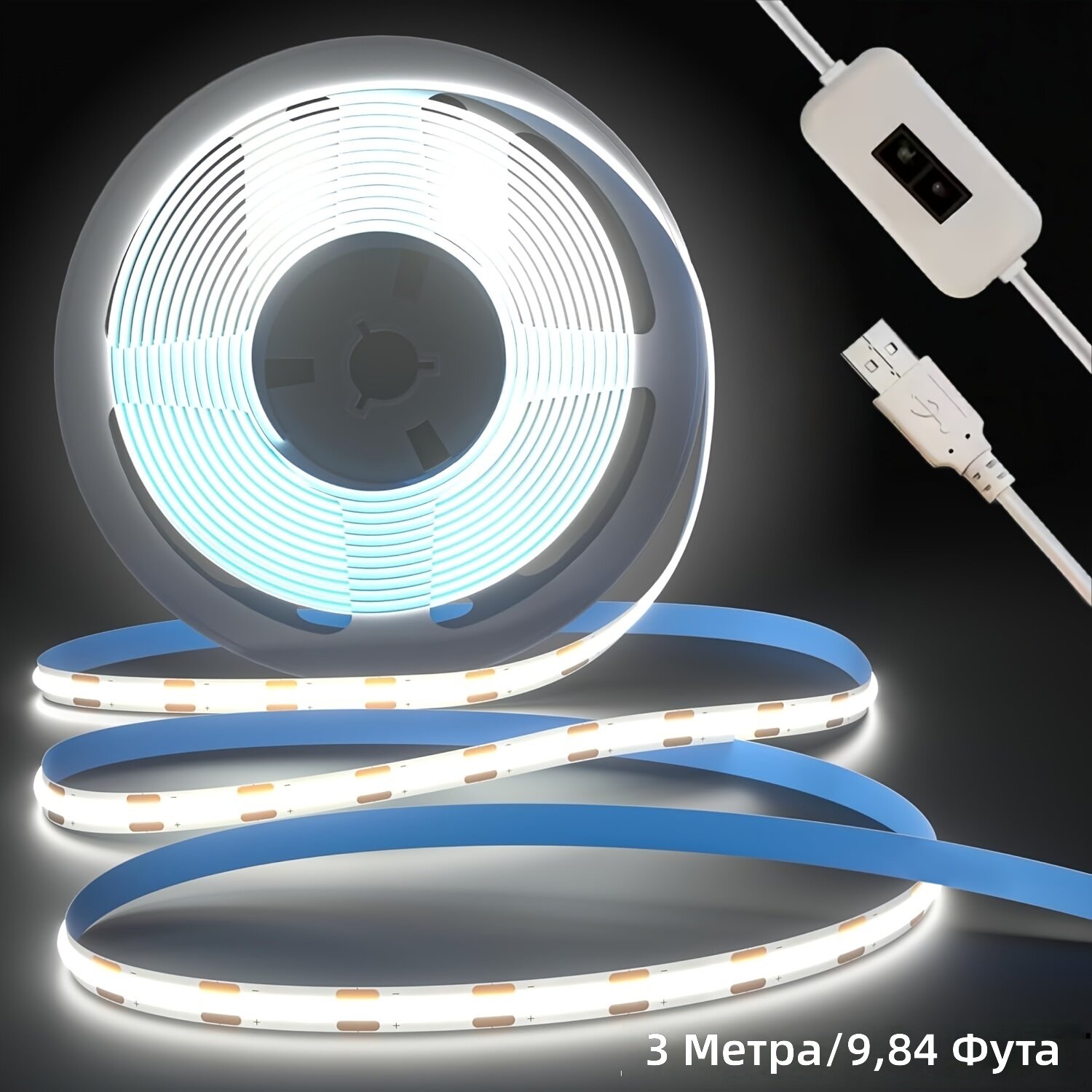 COB светодиодная лента 5V USB с сенсорным диммером, ультратонкая 3 мм, белый свет, 3 м, 320 LED/м