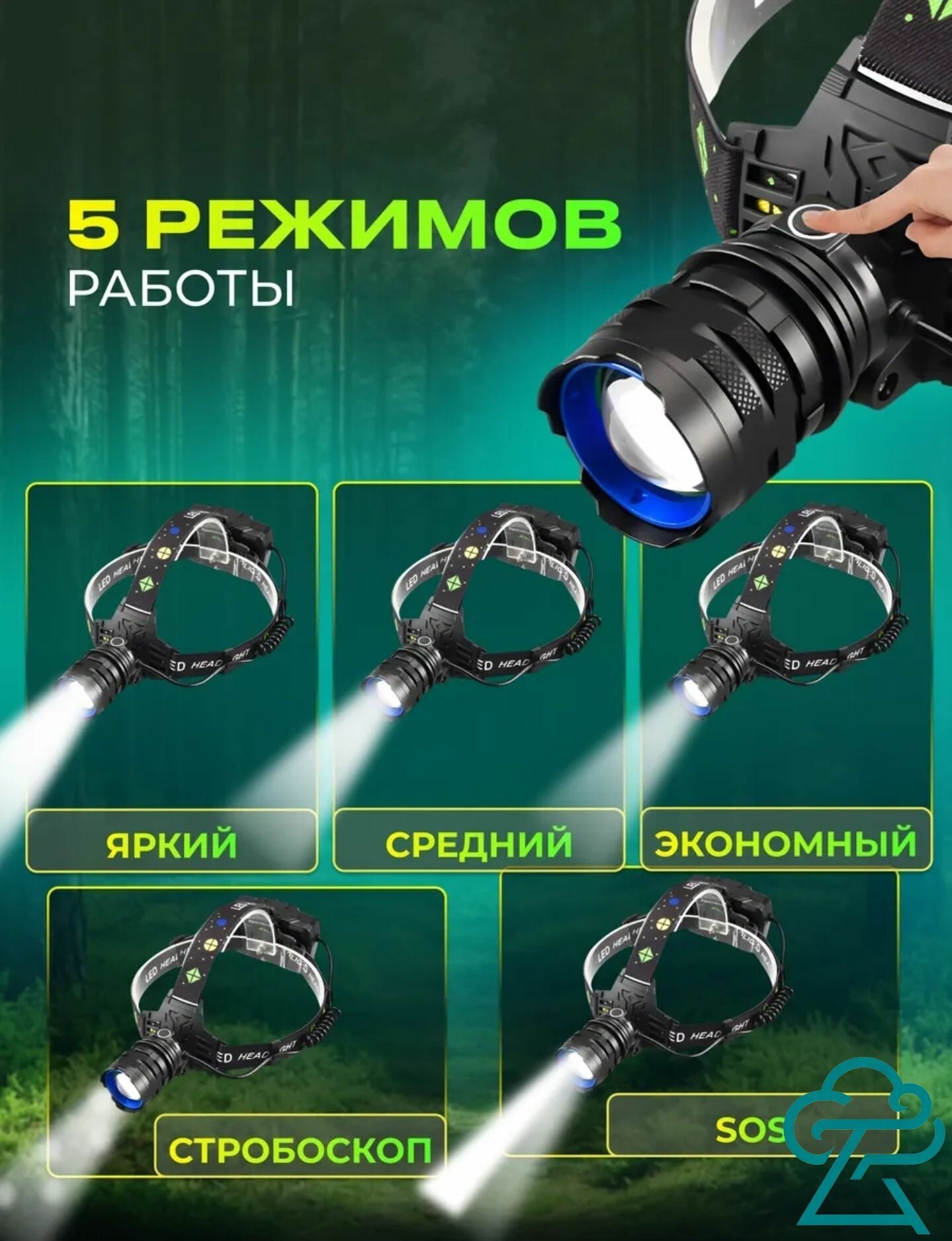 Налобной фонарь с лазером, немецкие технологии, до 40ч, 3 акб 18650, дальность 3 км, для outdoors — фото 1