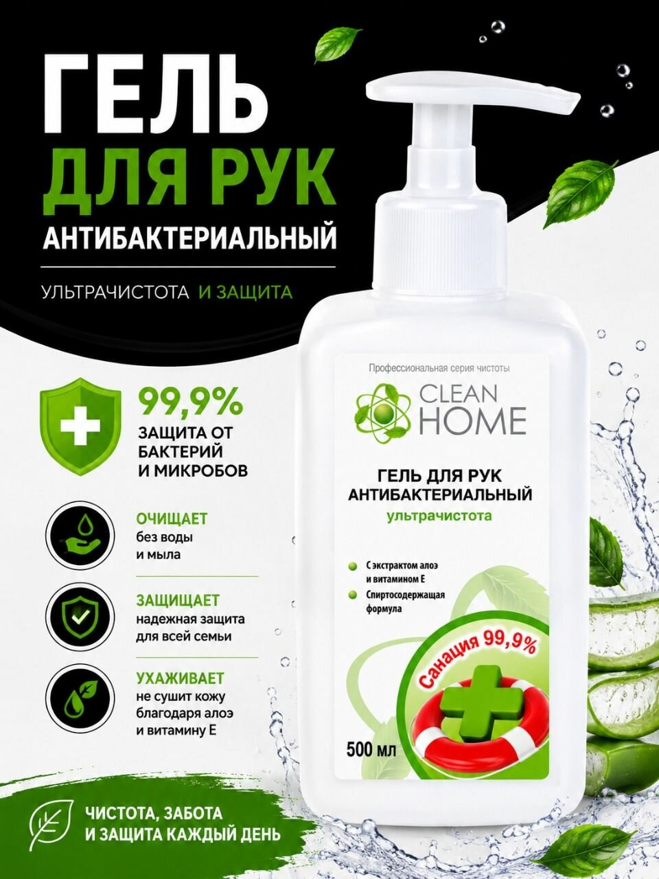Антисептик для рук гель 500 мл Clean Home Professional антибактериальный санитайзер с дозатором для дома и офиса