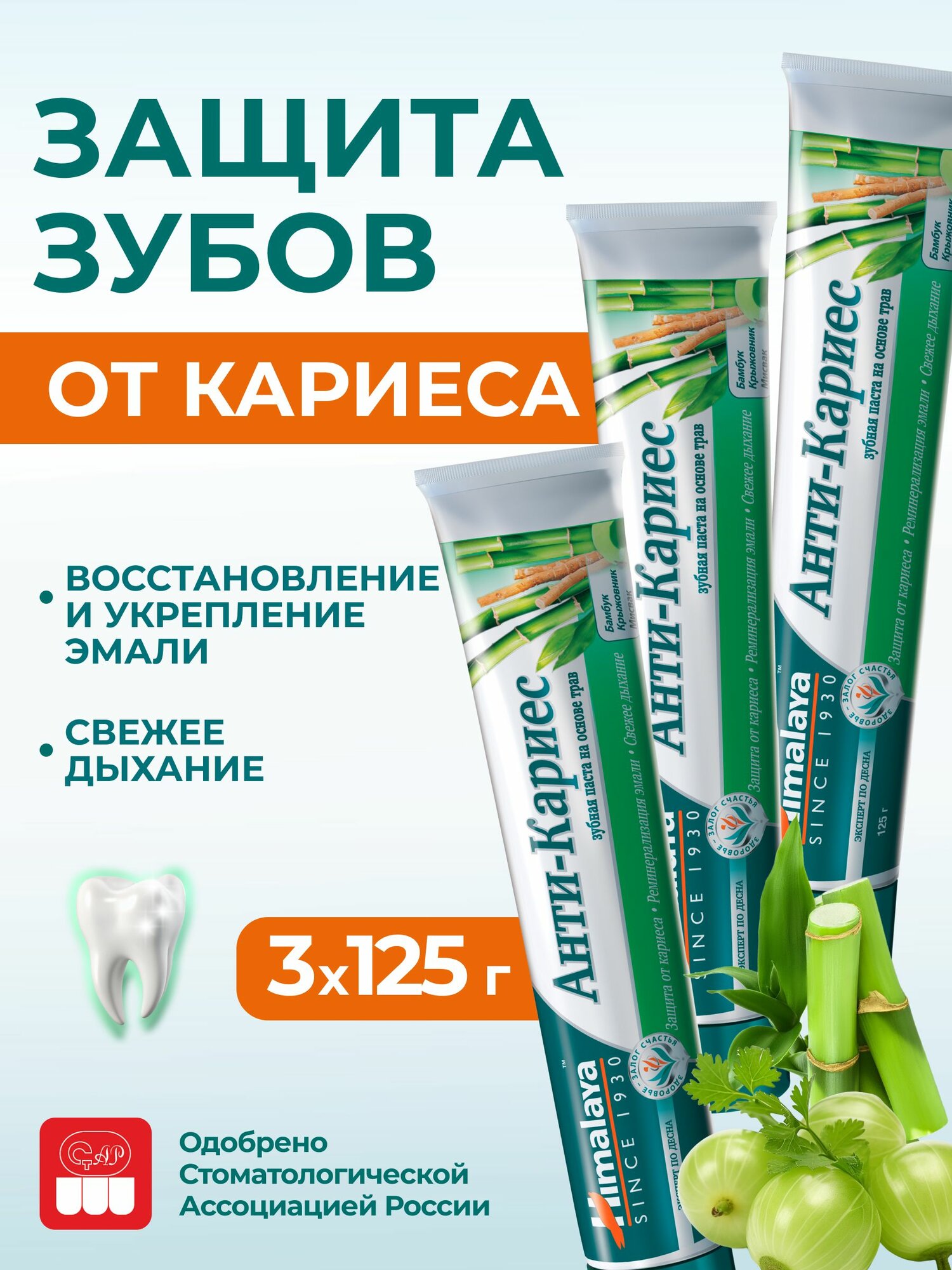 Himalaya Зубная паста с фтором "Анти-кариес" реминерализирующая натуральная от налета, кровоточивости и воспаления десен, ментол, набор 3 шт по 125 мл