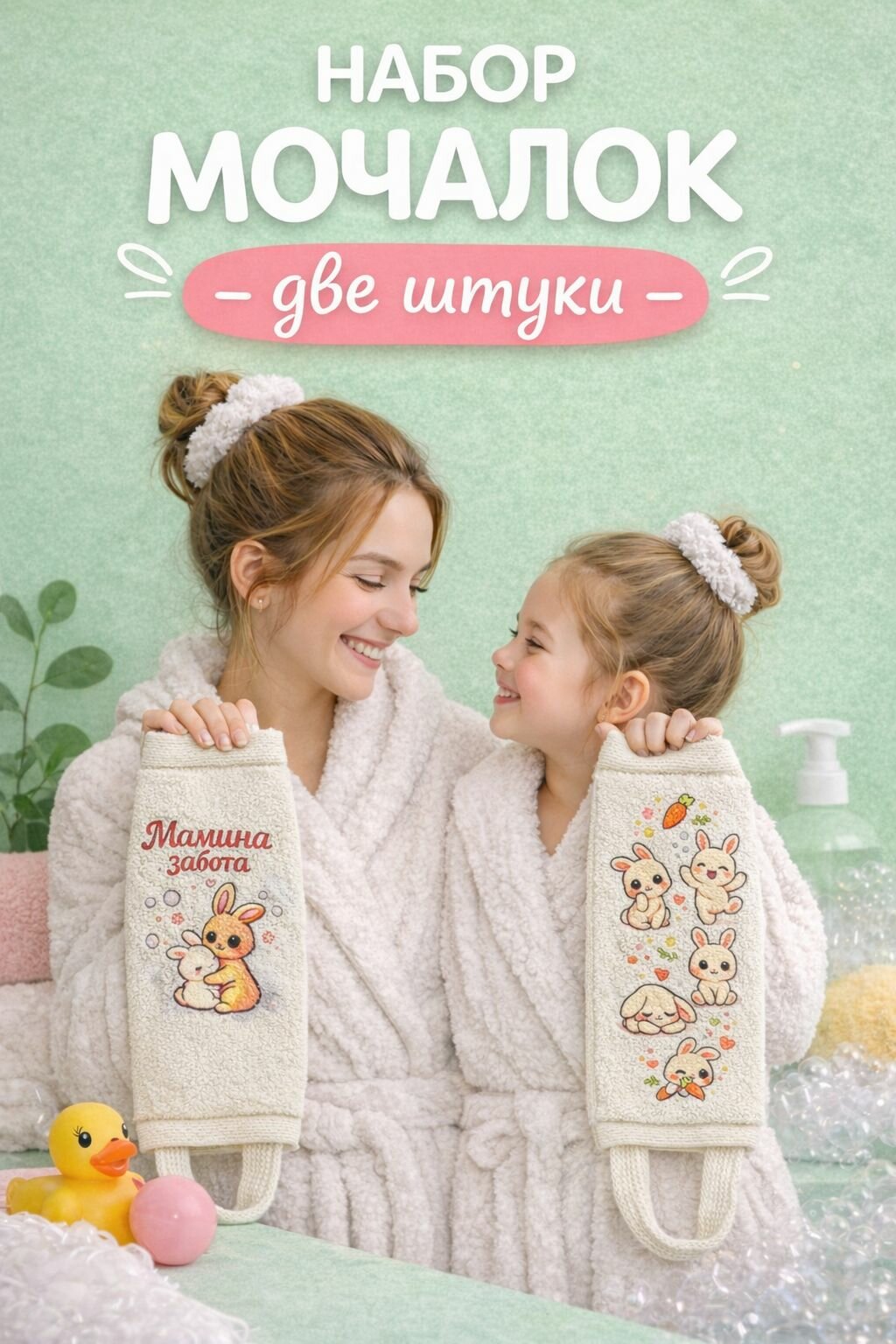 Мочалка для тела детская с ручками, набор 2 шт, мочалка для душа натуральная мягкая