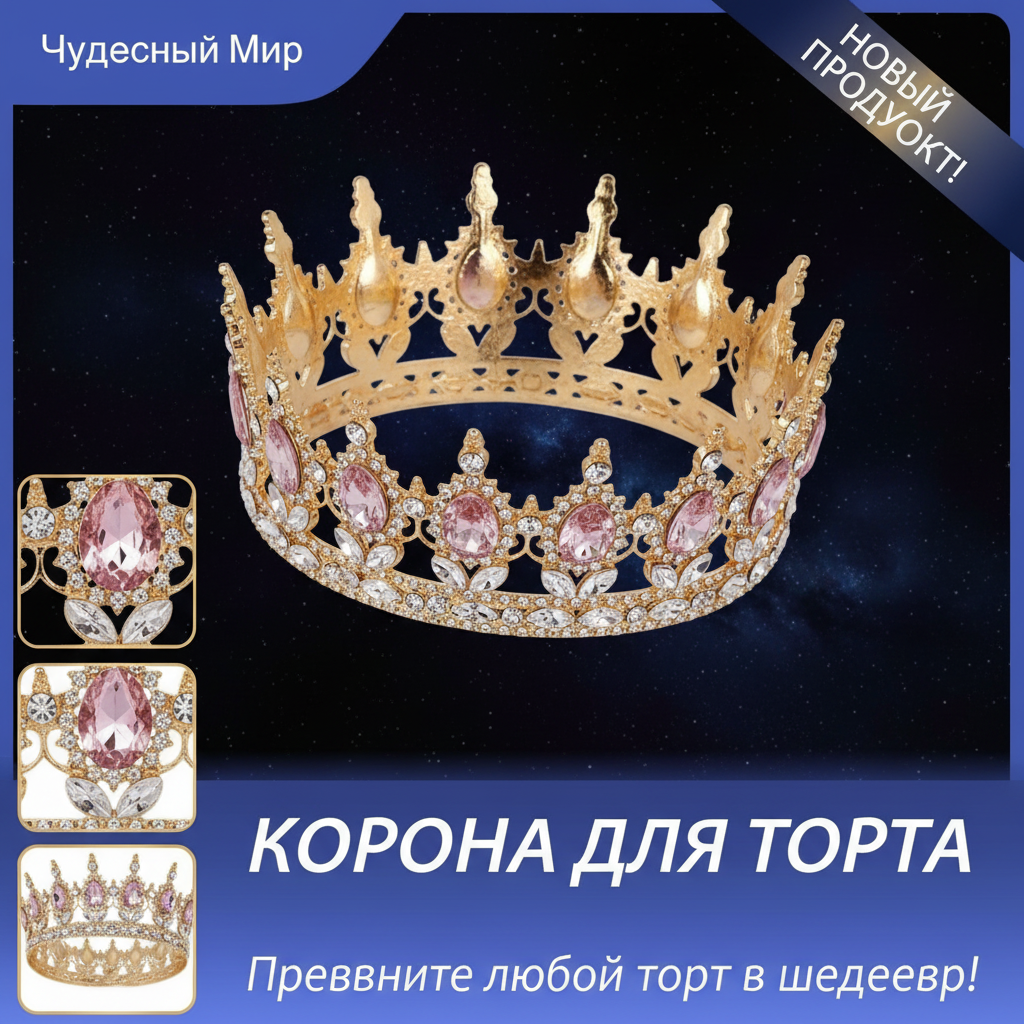 Биопластиковый топпер корона золото с розовым бриллиантом 200 г