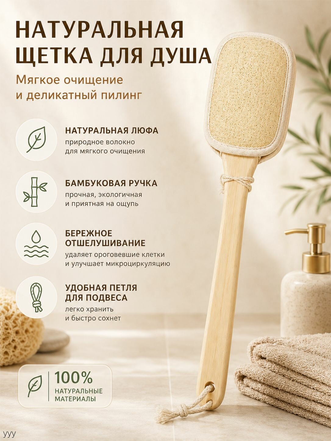 Натуральная мочалка из люффы на длинной бамбуковой ручке 44.5 см, щетка для душа и бани для глубокого очищения кожи спины и мягкого пилинга, экологичный аксессуар для ванной для спины длинная ручка эко-аксессуар