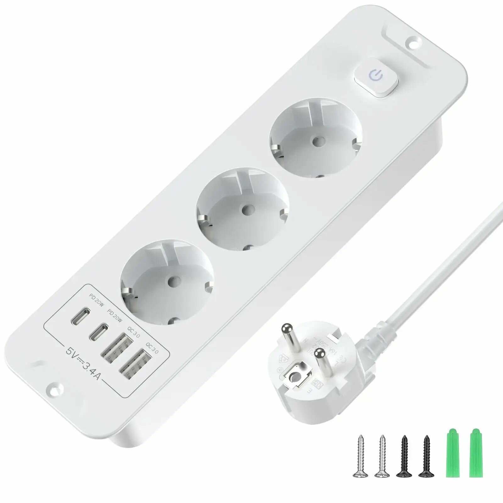 Встраиваемый удлинитель с 3 розетками и 2 USB + 2 Type-C (быстрая зарядка), выключатели, защита от перегрузки, 4000W 16A 250V, огнестойкий и пылезащитный