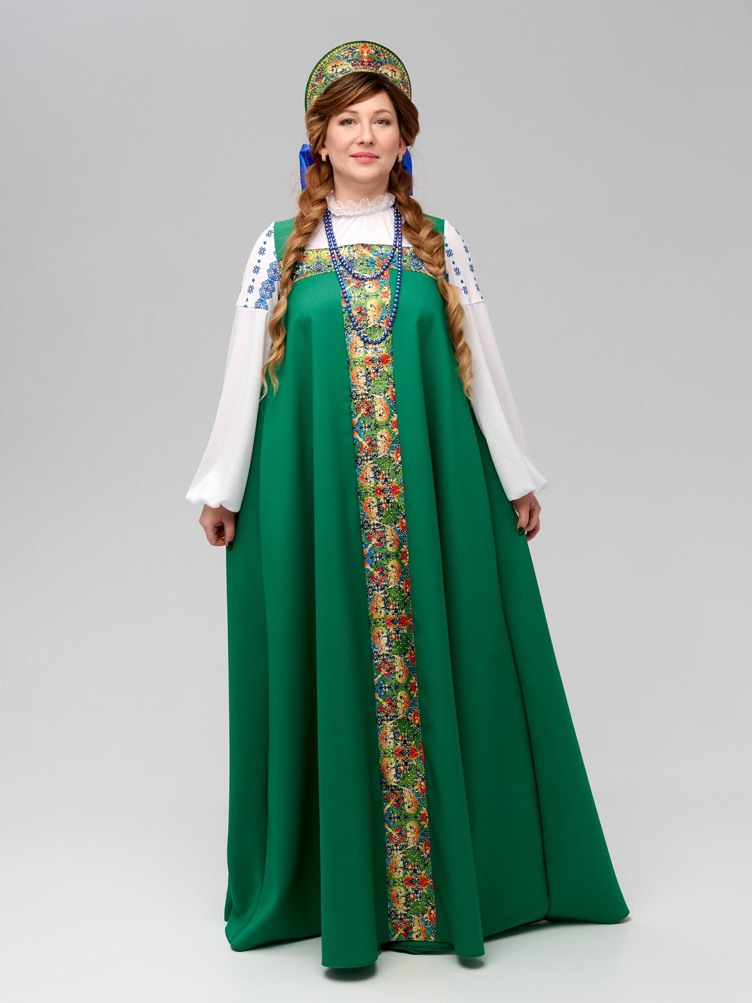 Женский народный сарафан Аленушка, зеленый, S-M