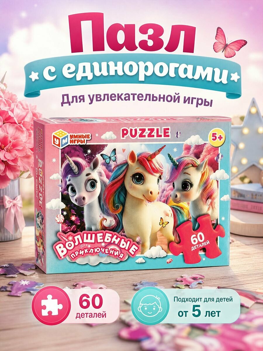 Пазлы для детей Волшебные приключения Единороги 60 элементов Умные игры пазлы 60 деталей с единорогами