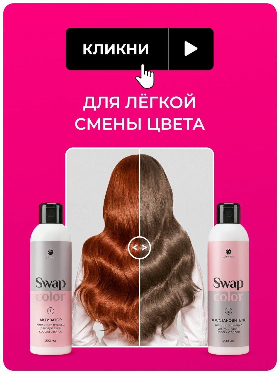 Adricoco, Swap Color - Набор кислотной смывки для удаления краски с волос, 2 шт х 200 мл