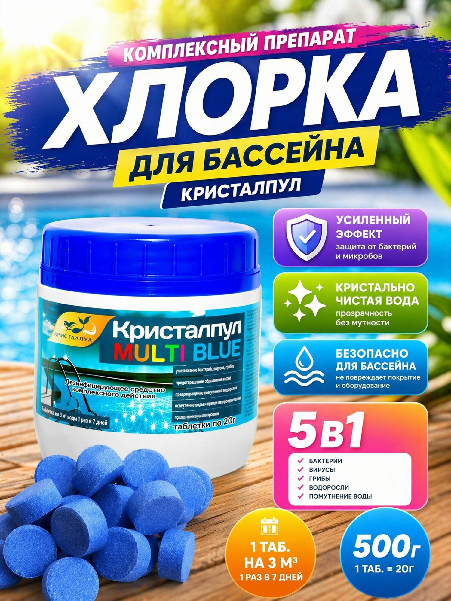 Таблетки для бассейна 20г комплексного действия мульти блю 5в1 медленный хлор 25 штук. Кристалпул. Химия для бассейна