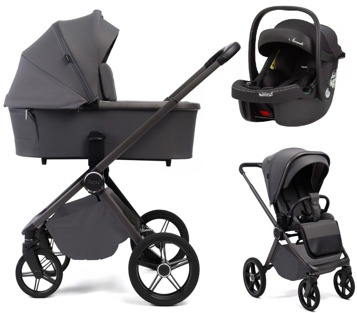 Коляска Peppy Monaco Plus Antrazit, 3 в 1, от рождения до 3 лет с автолюлькой люлькой и прогулочным блоком