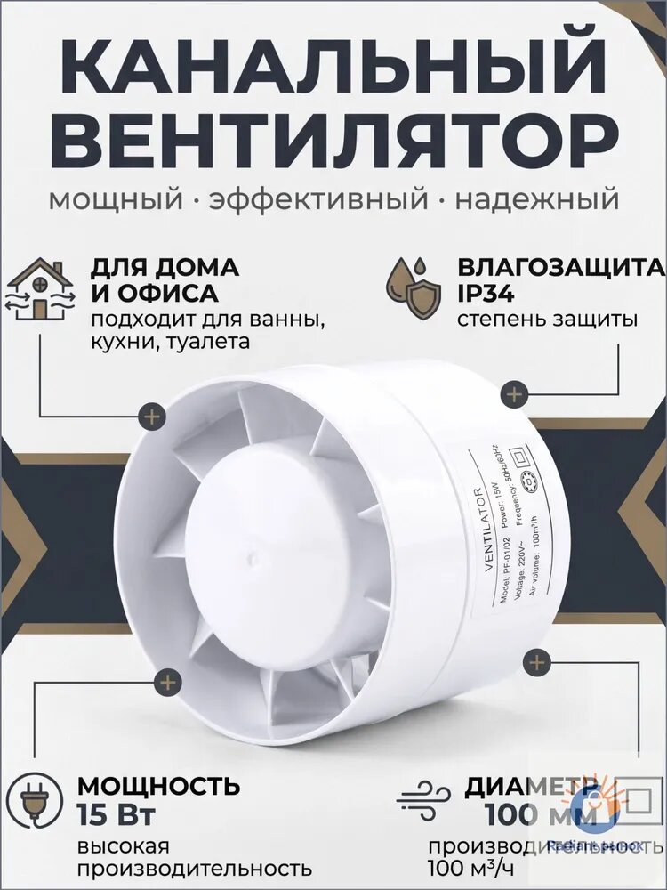 Канальный вентилятор 100 мм, вытяжной осевой вентилятор для ванной и кухни, 15 Вт, 100 м/ч, влагозащита IP34
