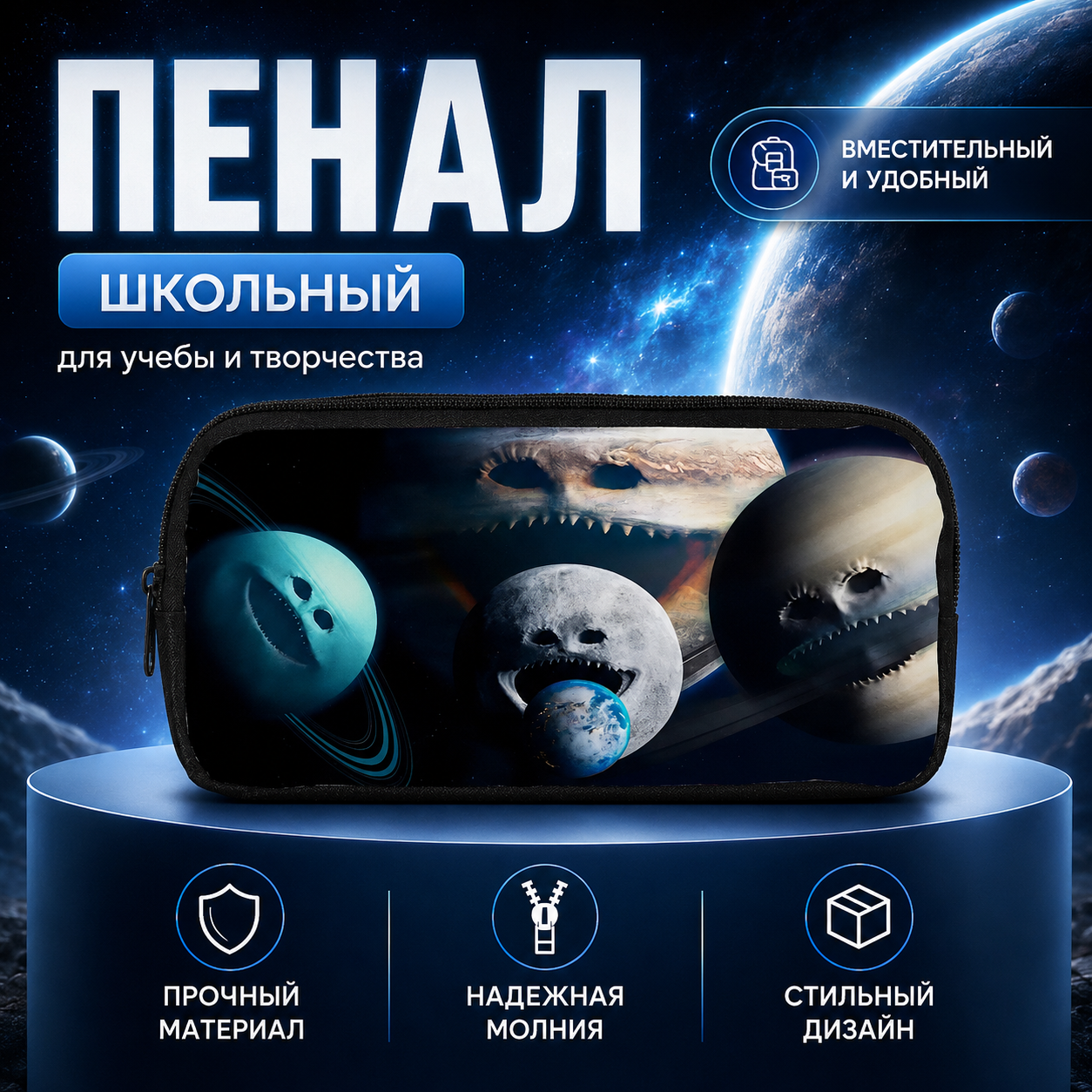 Пенал школьный, космический принт, черный, 22.5 см x 12 см x 4 см