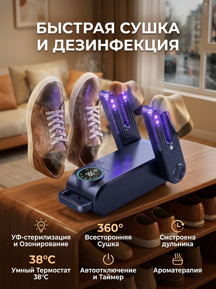 Умная сушилка для обуви с УФ-стерилизацией и дезодорацией, глубокий синий, автоматическая, 38 °C