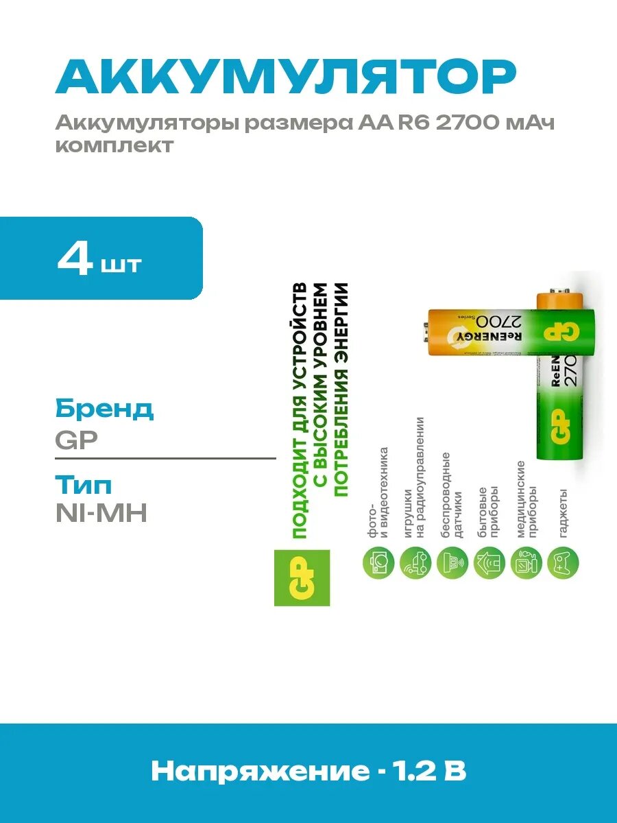 Комплект 4 аккумулятора АА 2700 мАч никель металлгидрид