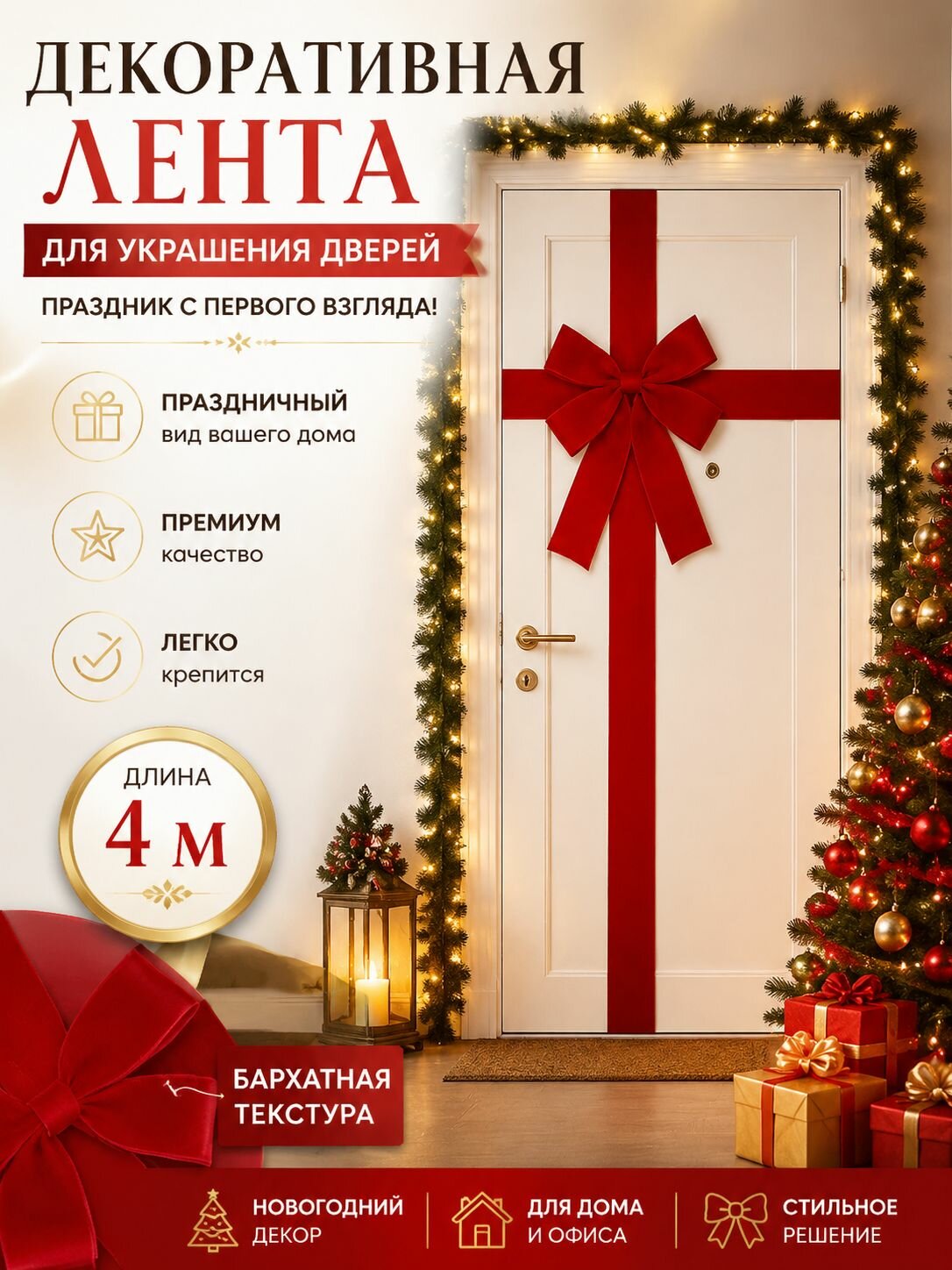 Большой рождественский бант 30x40 см для украшения окон и дверей