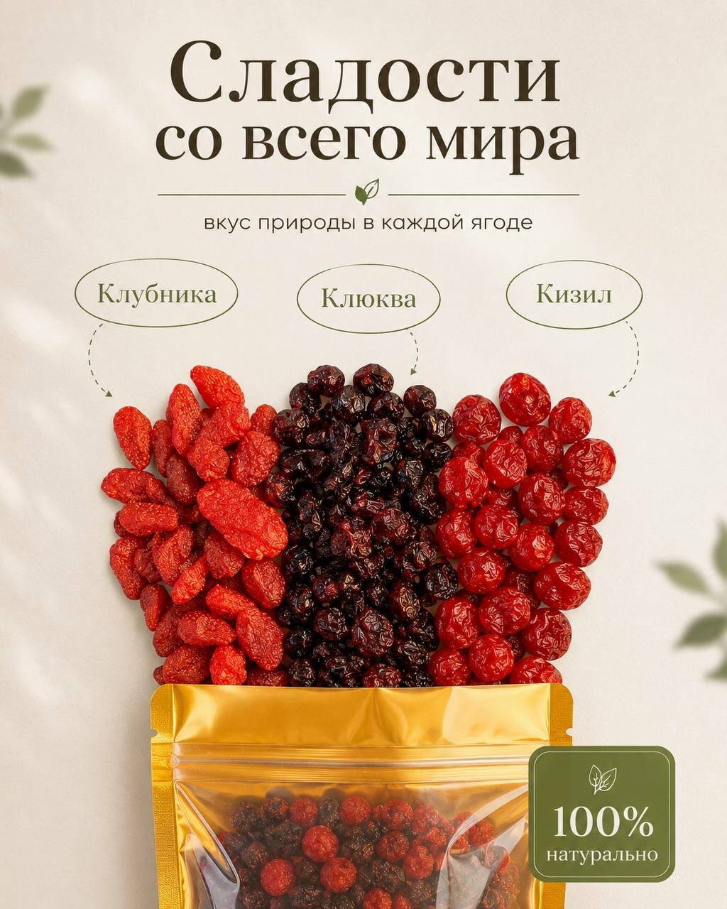Ассорти ягод TASTYLAND, клубника, клюква, кизил вяленые, в дой-пак, 450 г — фото 1