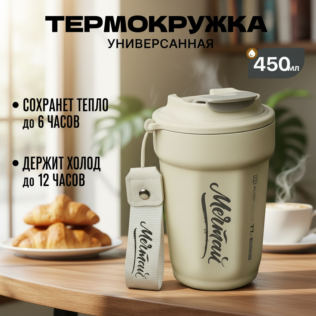 Кружка термос автомобильная 350 мл белая нержавейка для кофе