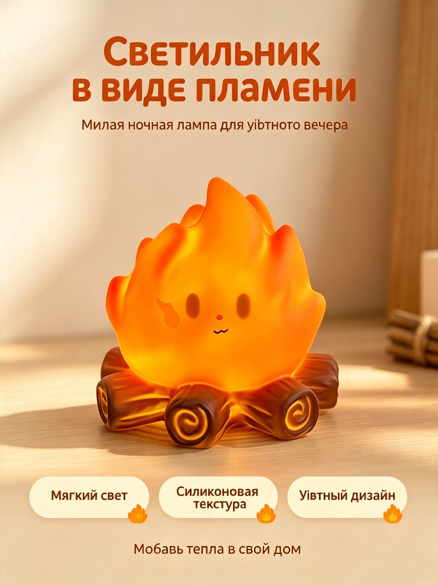 Ночник для костра в милой форме пламени/атмосферный светильник для спальни/подарок