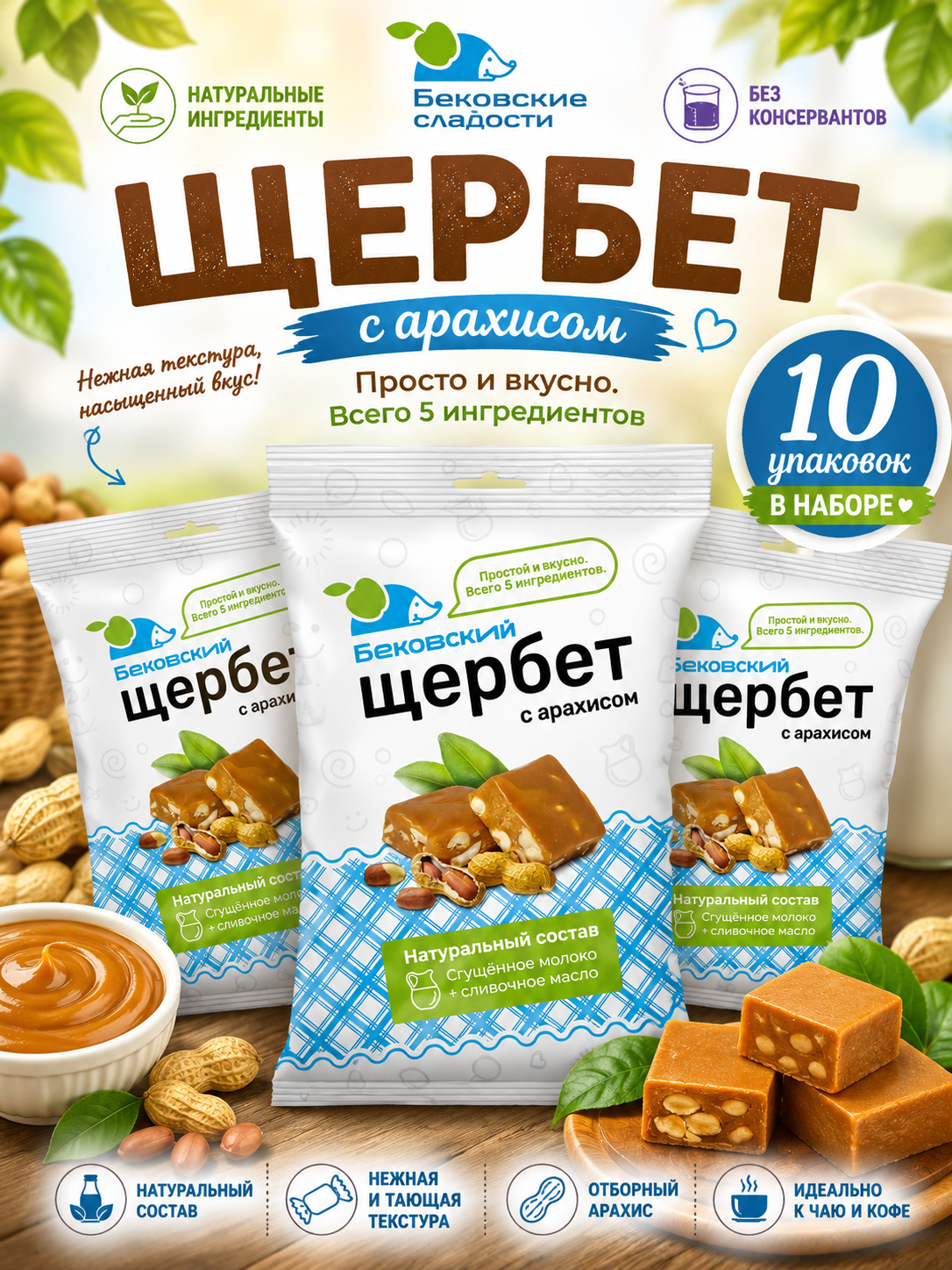 Щербет Бековский "Сливочный, с арахисом", дой-пак, без глютена, 10 шт