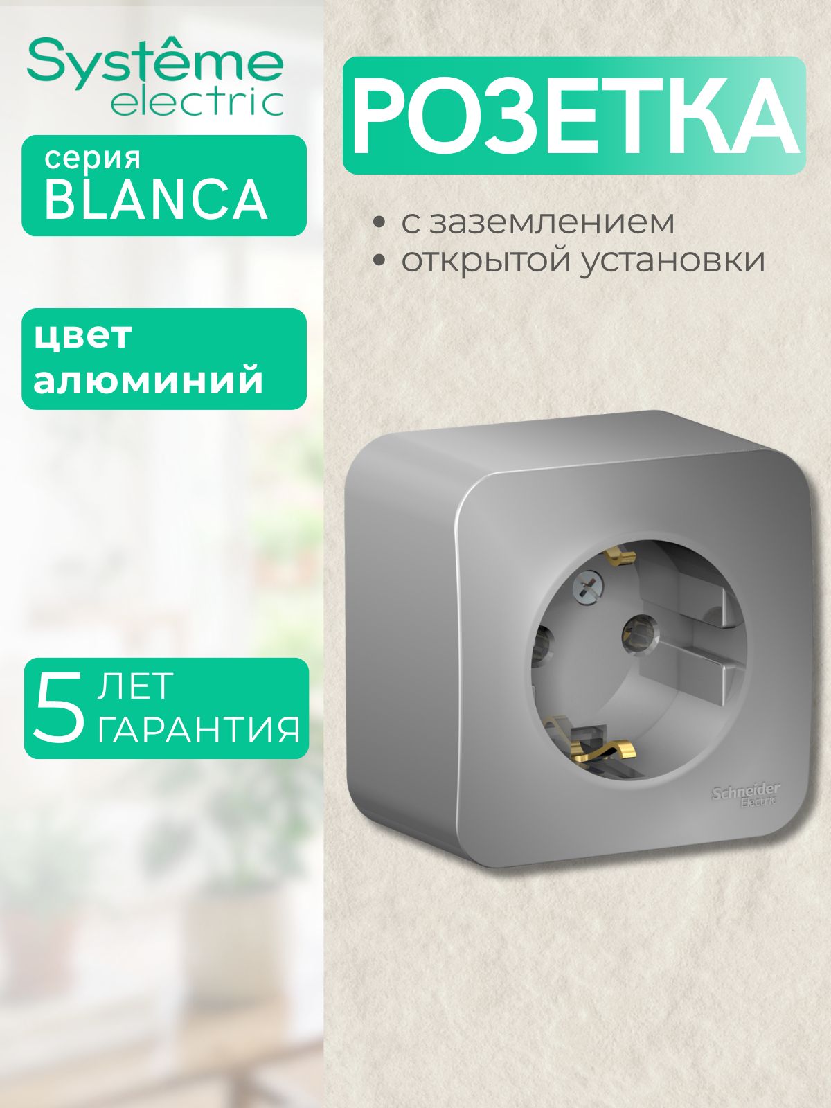 BLANCA розетка открытой установки с заземлением, без шторок 16 Ампер, Цвет Алюминий Systeme Electric BLNRA010113